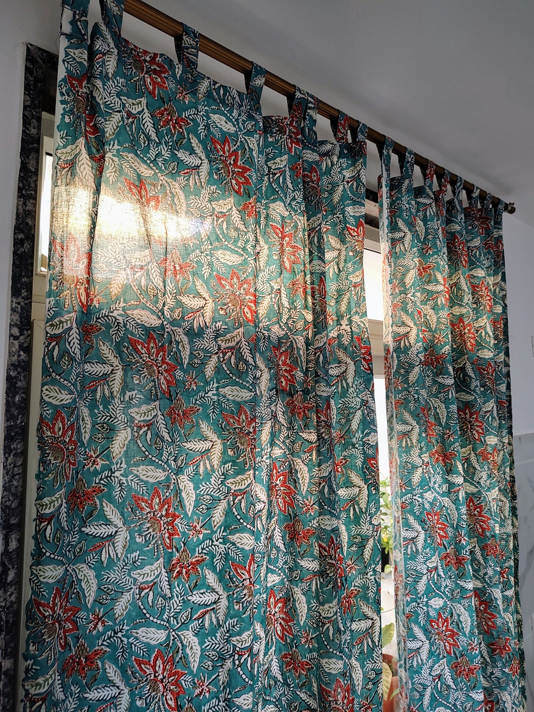 Hand Block Print Floral Cotton Curtain Panel - Boho Green Drapes - Etsy