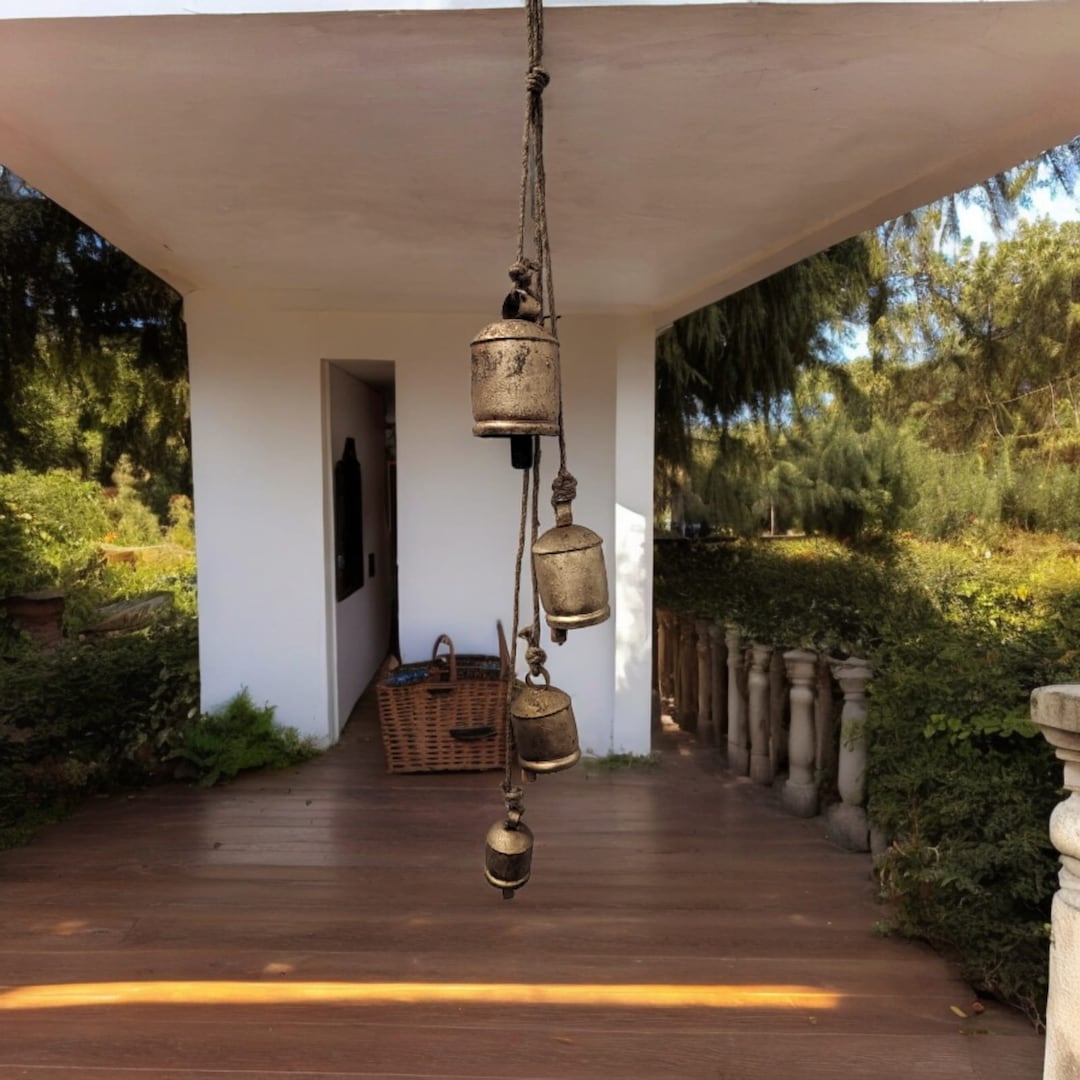 Giant Rustic Cow Bells Cluster Wind Chime Antique Gold Finish Barn ...