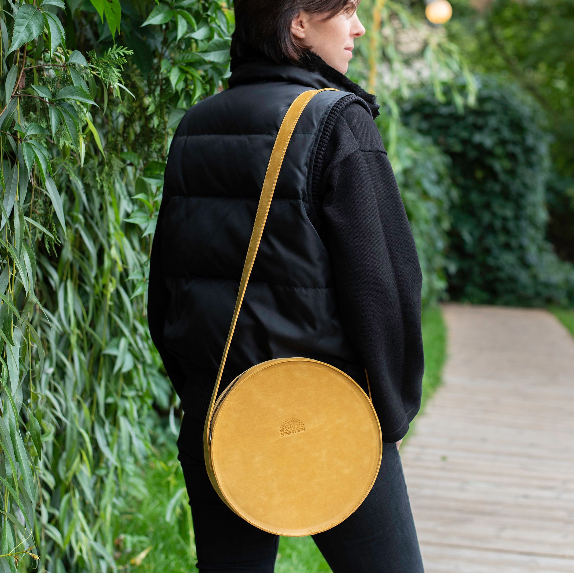 Yellow Round Leather Handbag, Minimalist Leather Handbag, Classic ...