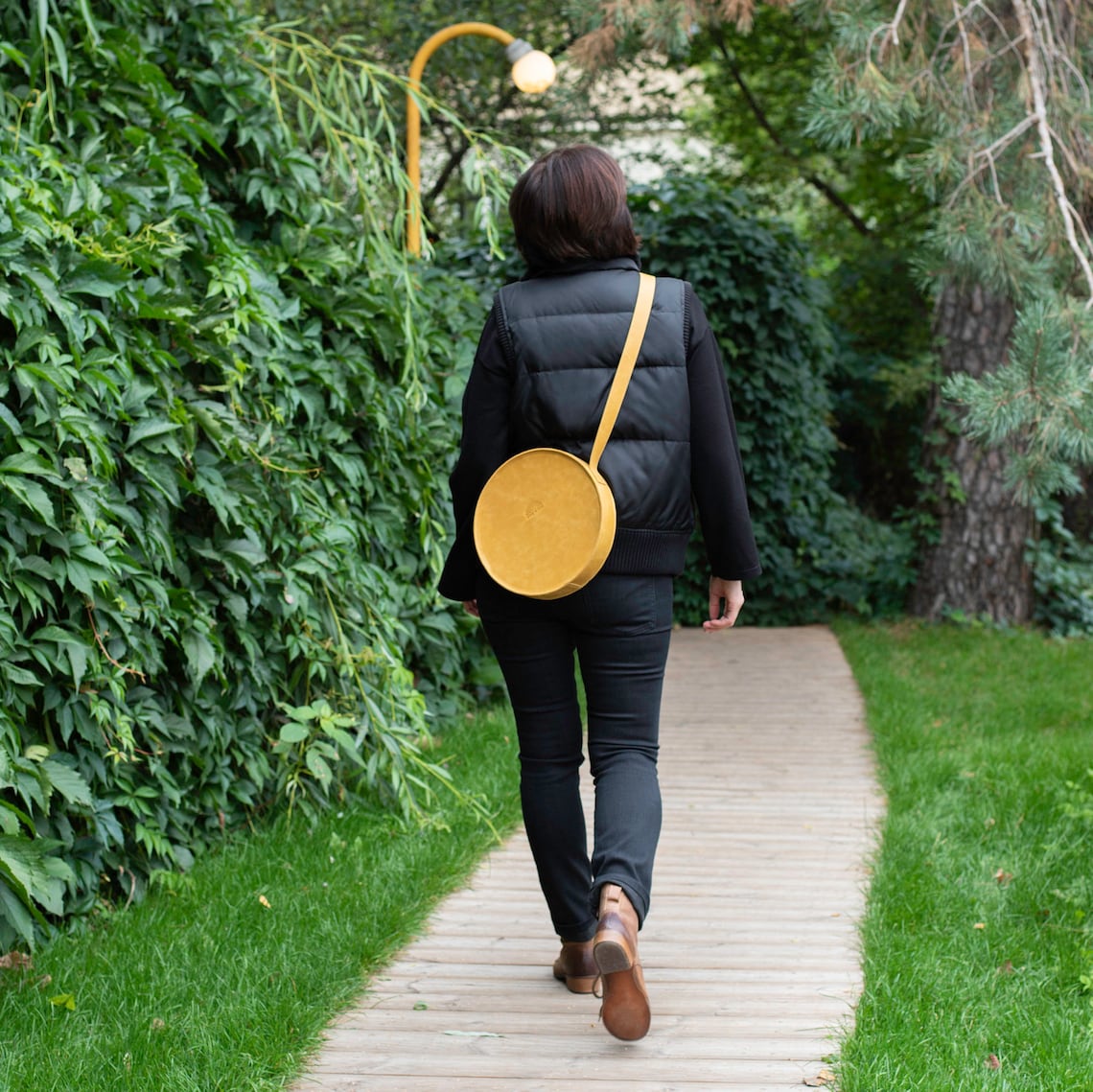 Yellow Round Leather Handbag, Minimalist Leather Handbag, Classic ...