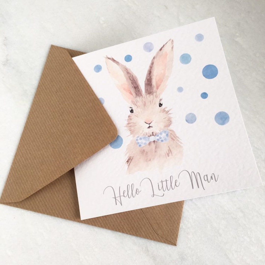 Hello Little Man New Baby Card Rabbit Bunny New Baby Boy Son Card New ...