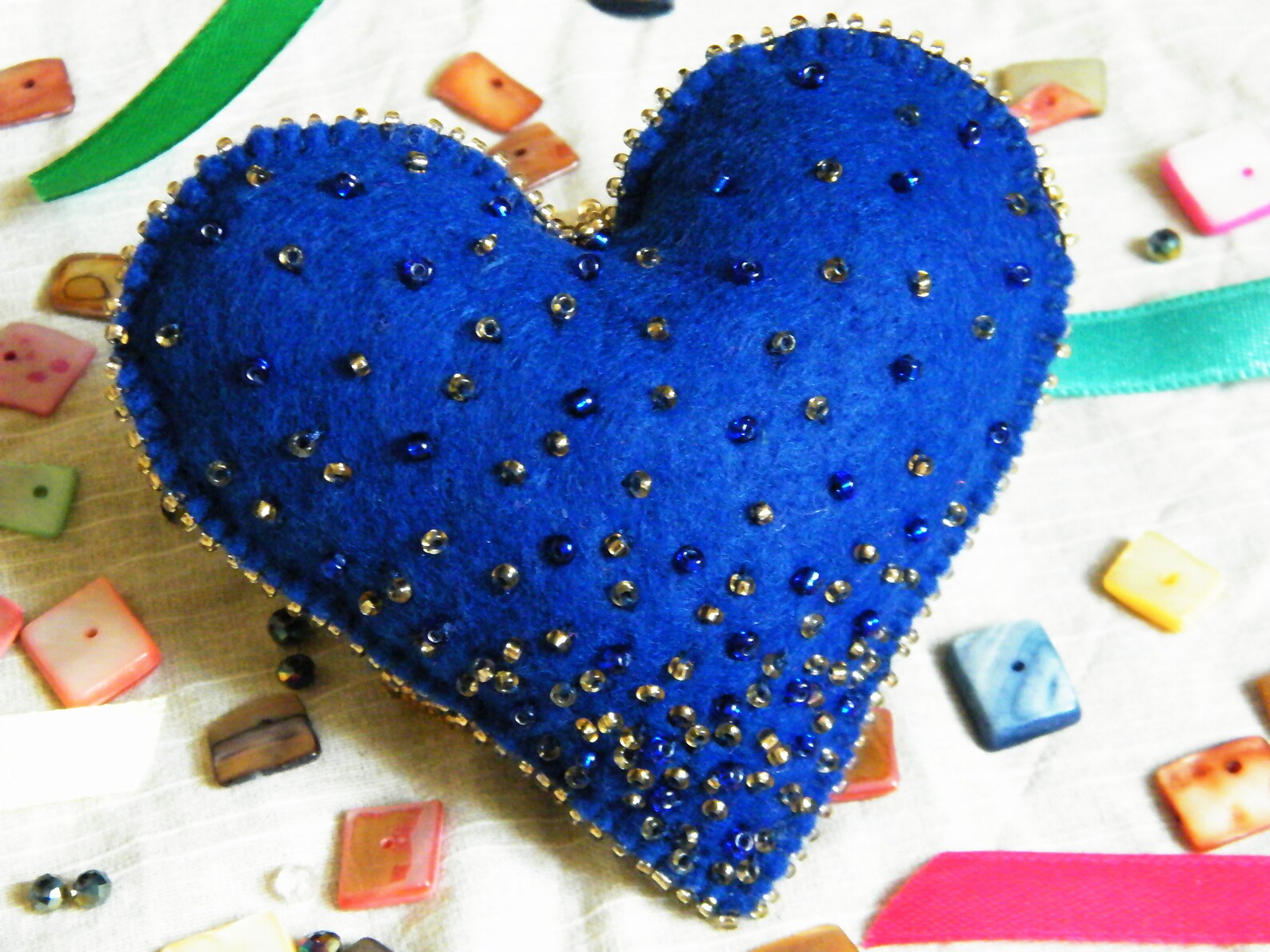 Unique Dark Blue Felt Handmade Heart Ornament Glass Beads Embroidery ...