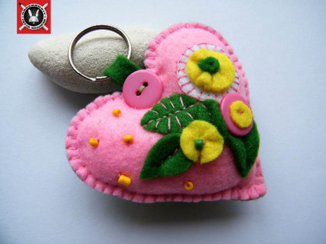 Unique Felt Handmade Heart Double Sided Keychain Pink and Green ...