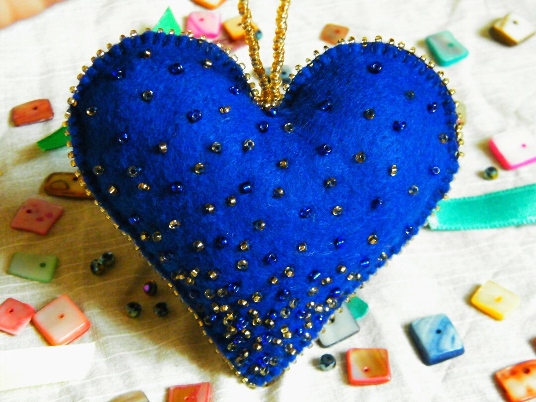 Unique Dark Blue Felt Handmade Heart Ornament Glass Beads Embroidery ...