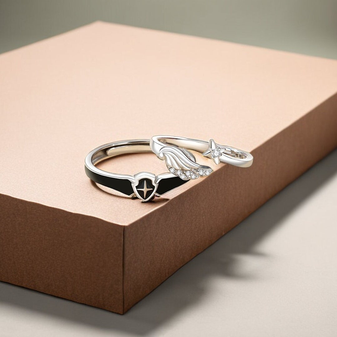 Engraved Knight and Angel Wings Promise Rings for Couples, Birthday ...