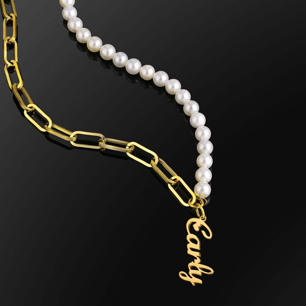 Custom Name Necklace Half Paperclip Half Pearl Jewelry - Etsy