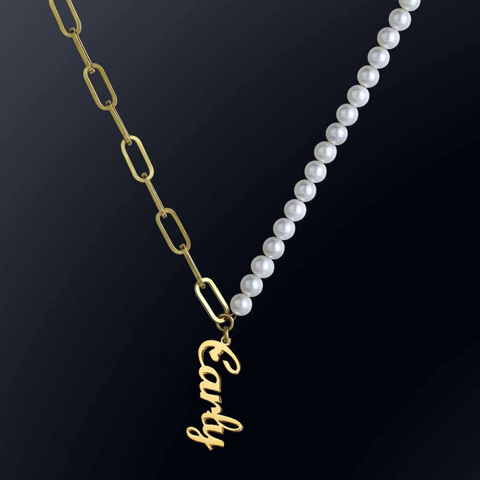 Custom Name Necklace Half Paperclip Half Pearl Jewelry - Etsy
