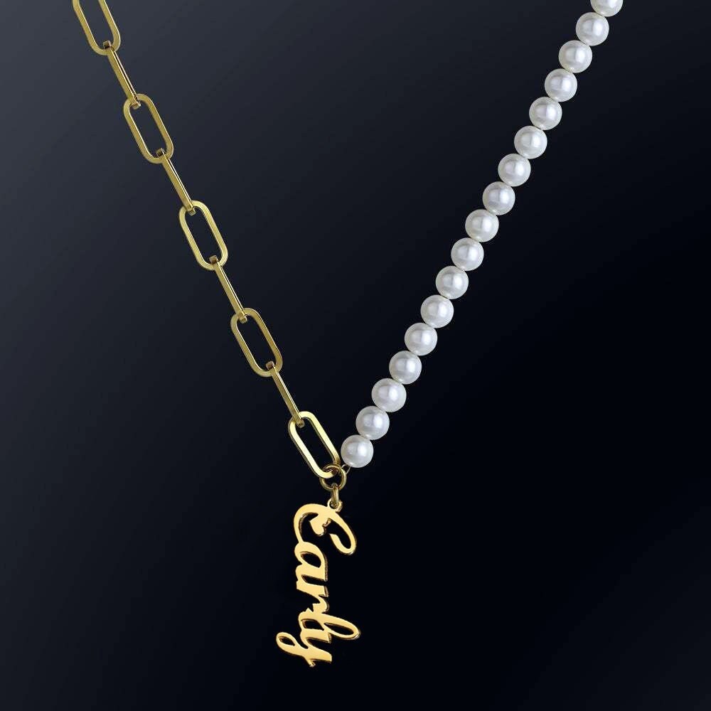 Custom Name Necklace Half Paperclip Half Pearl Jewelry - Etsy