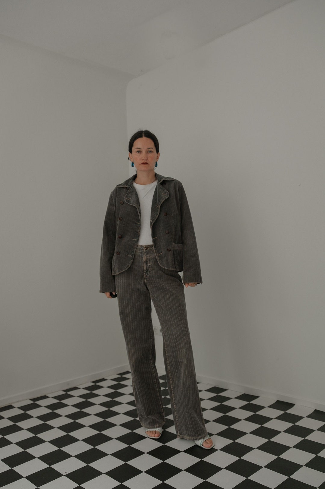 90s Vintage Grey Wide Cord Suit Wide Legs Trousers and Boxy Blazer ...