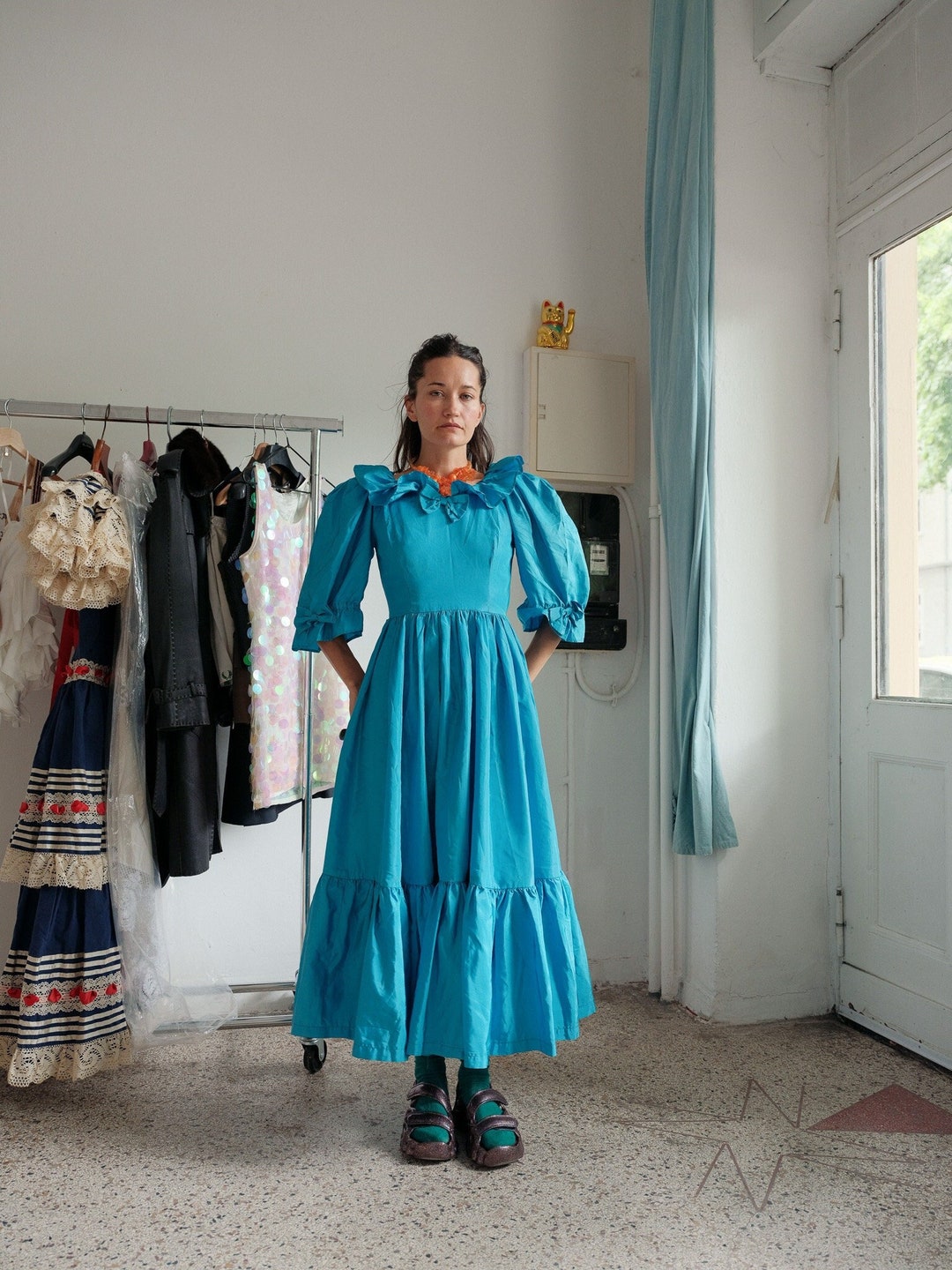 True Vintage Bow Turquoise Mega Puff Sleeve Dress - Etsy UK