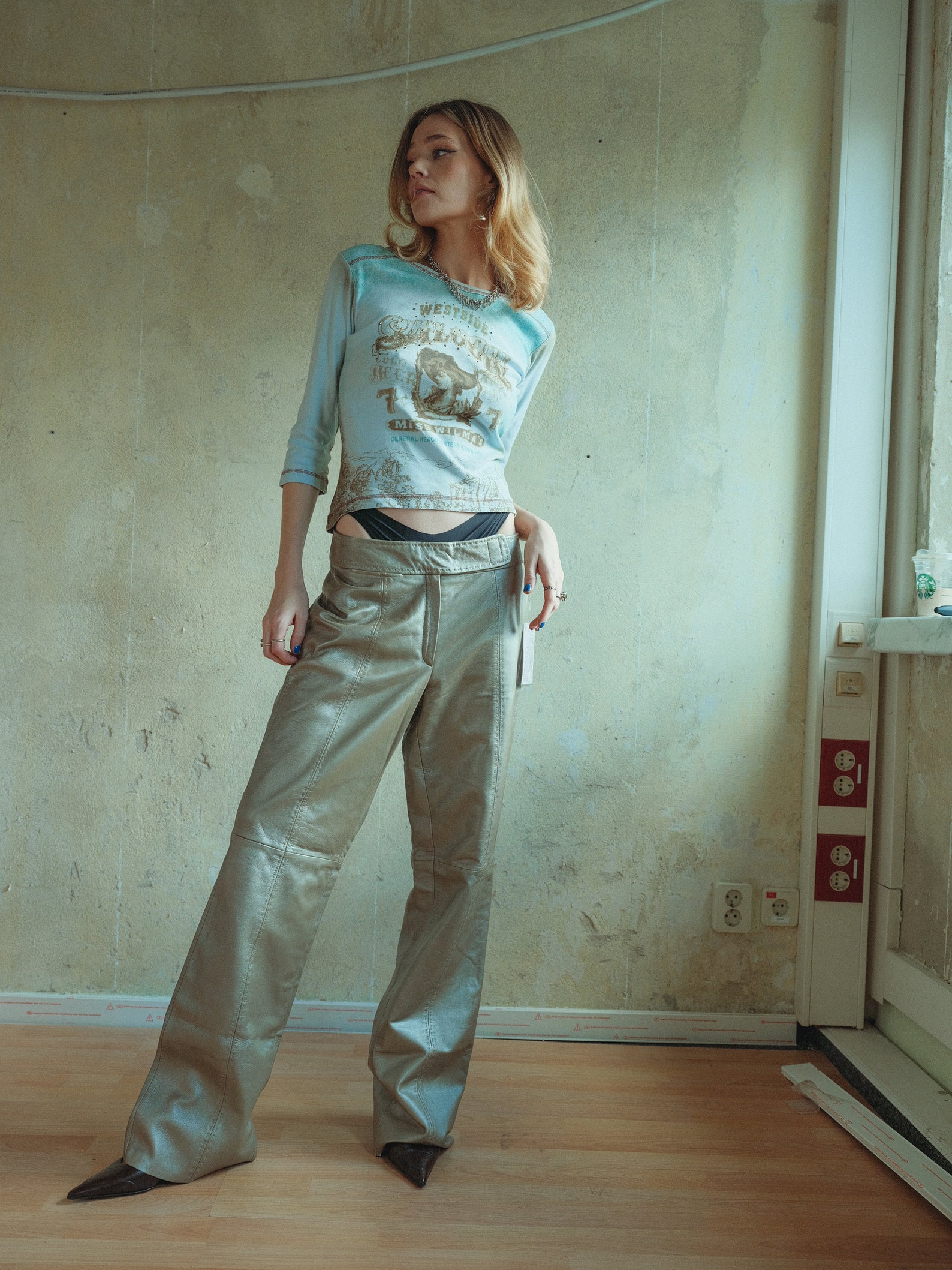 Y2K French Vintage Brown Blue Cotton Long Sleeve Tattoo Graphic Printed ...