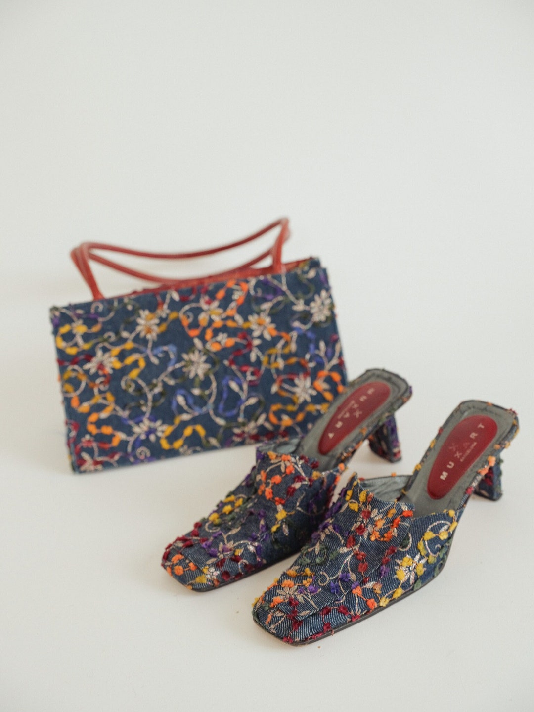 1990s Muxart Embroidered Denim Square Toe Slip on Mules With Matching ...