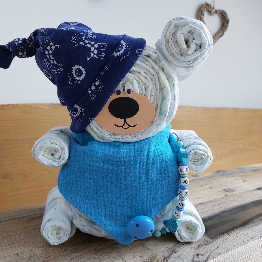 Diaper Cake Bear Optionally With Pacifier Chain Blue-gift Birth, Baby ...