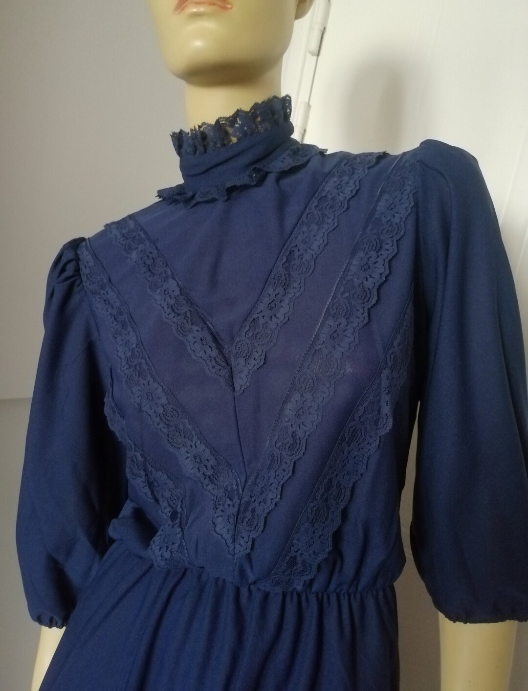 Vintage 1970s Blue Prairie, Hippy, High Neck Dress Lace Size Small - Etsy