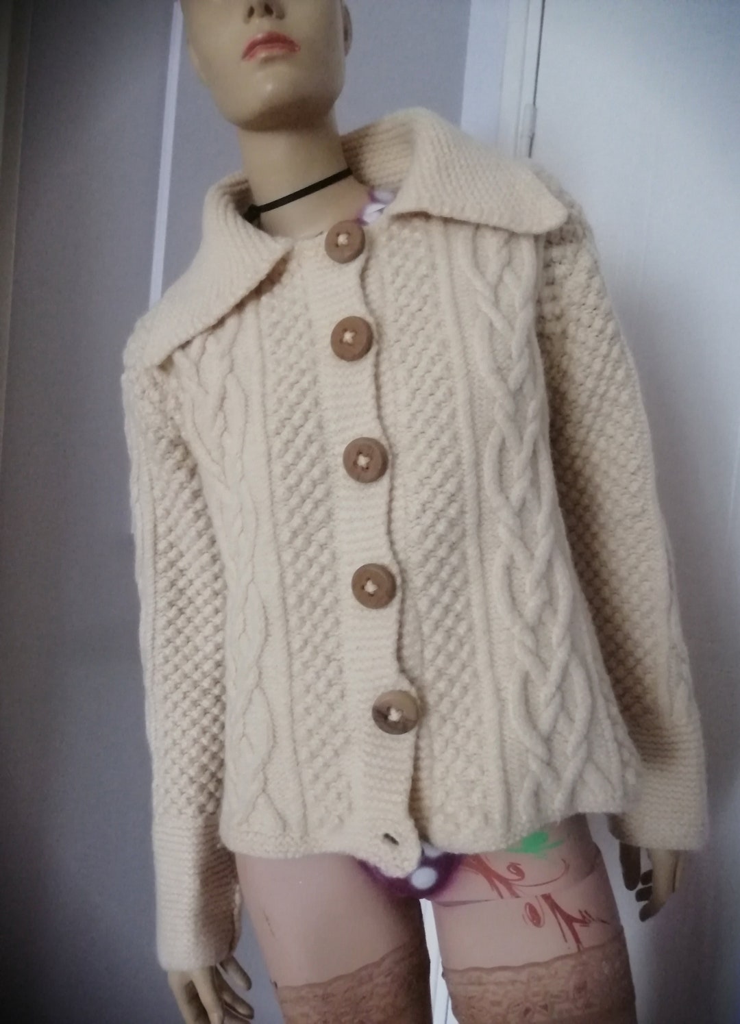 Vintage 1970s, Hand Knitted Irish Arron Huge Big Wooden Buttons and 70s ...