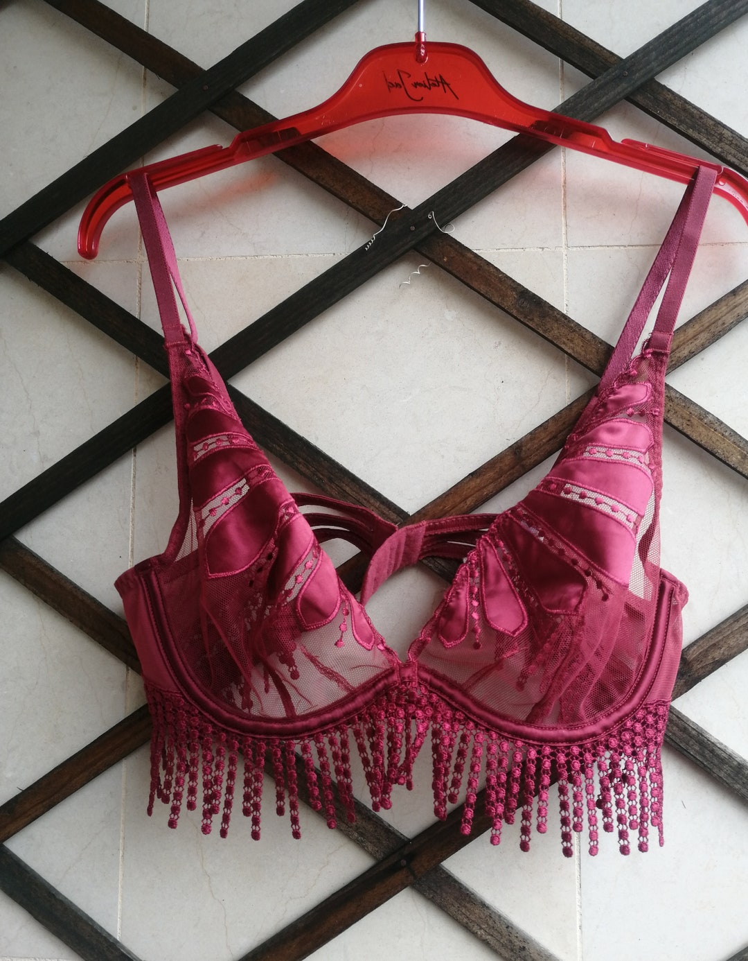 90s Simone Perele Burgundy Bra See Through Sheer Lace, Net Tassels Size ...