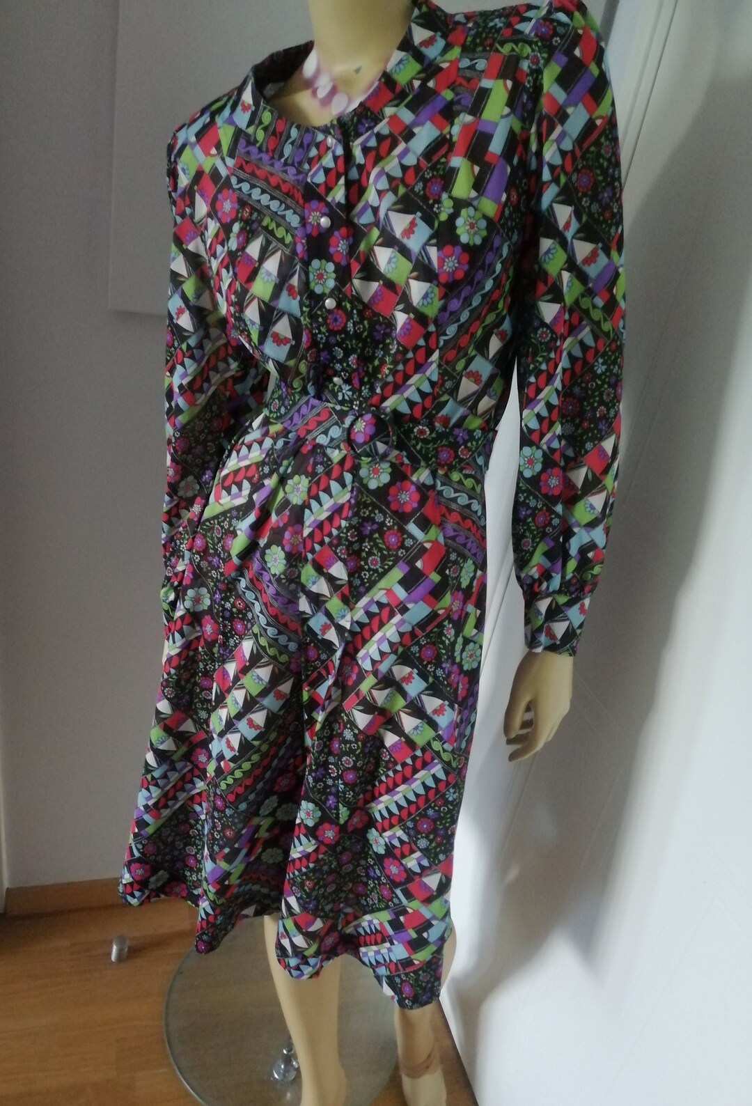 Original 60s /70s Unusual Patten,long Sleeve Fitted Dress Size Large ...