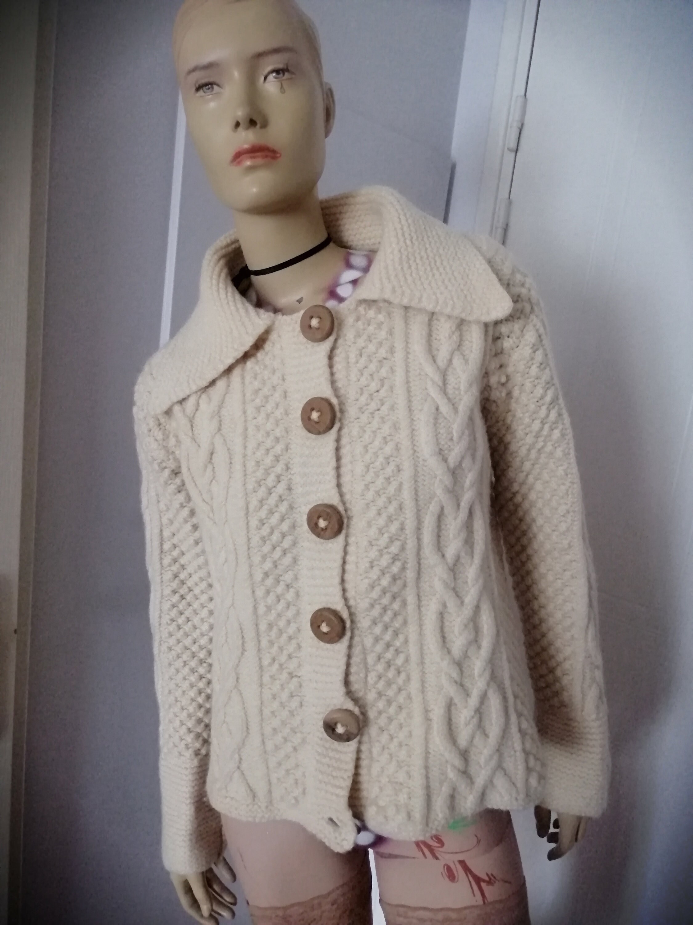 Vintage 1970s, Hand Knitted Irish Arron Huge Big Wooden Buttons and 70s ...