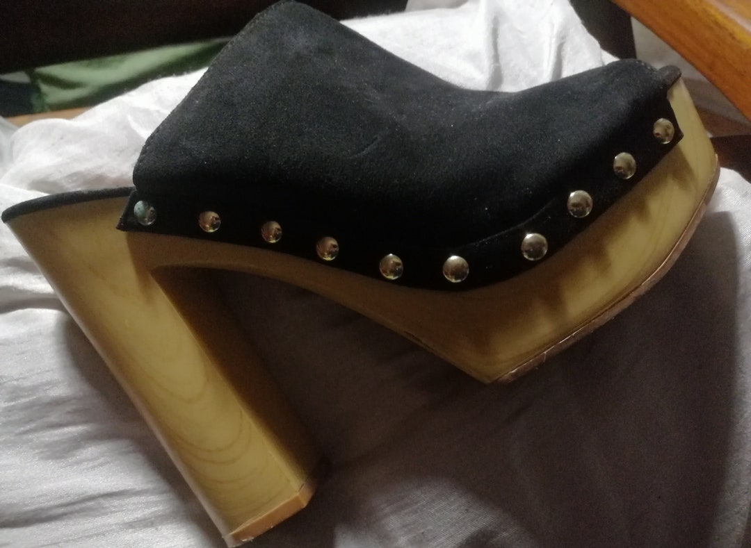 Black Suede High Heel Platform Open Toe Wooden Clogs Size UK - Etsy