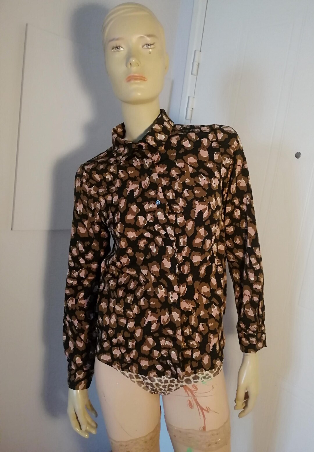 Vintage 1980s Original Pink and Brown, Black Patten Blouse /shirt Size ...