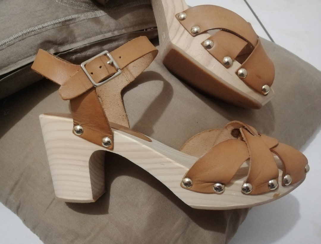 Real Wood and Brown Leather Clog High Heels Size Eu 40 UK 6 to 7 by ...