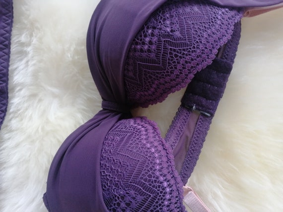 Dark purple, bra and panties, padded, Underwire, push… - Gem