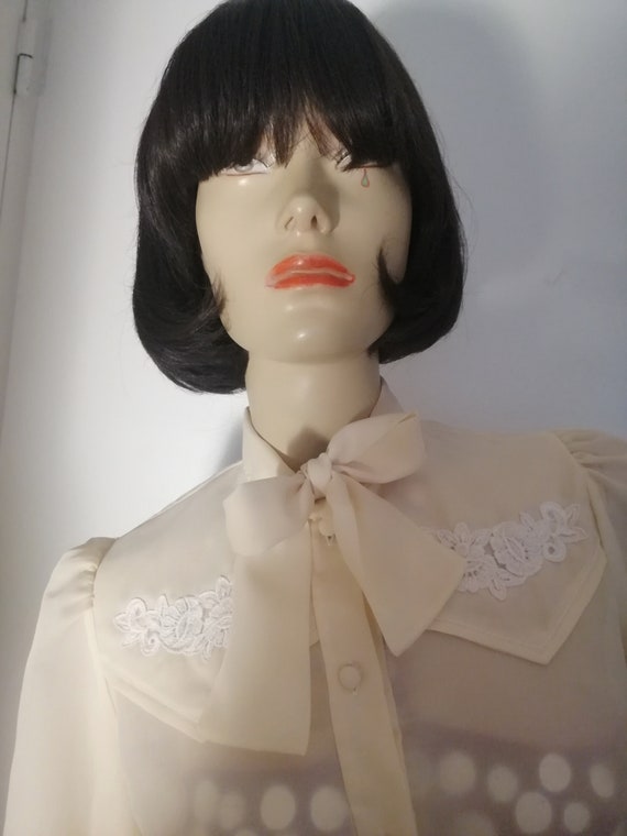 Vintage 1970s French Pussy Bow Sheer Blouse Size Smal… Gem