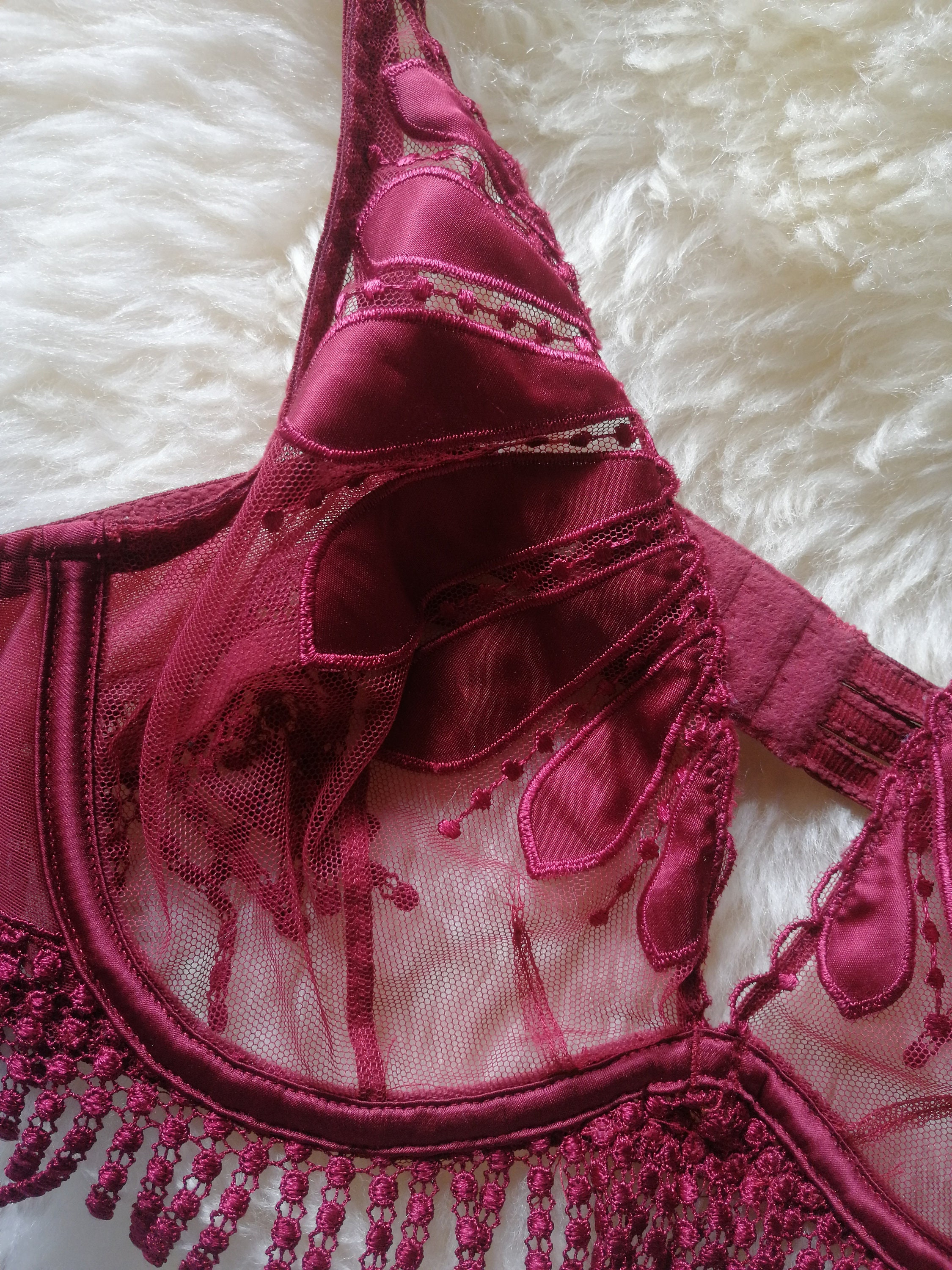90s Simone Perele Burgundy Bra See Through Sheer Lace, Net Tassels Size ...