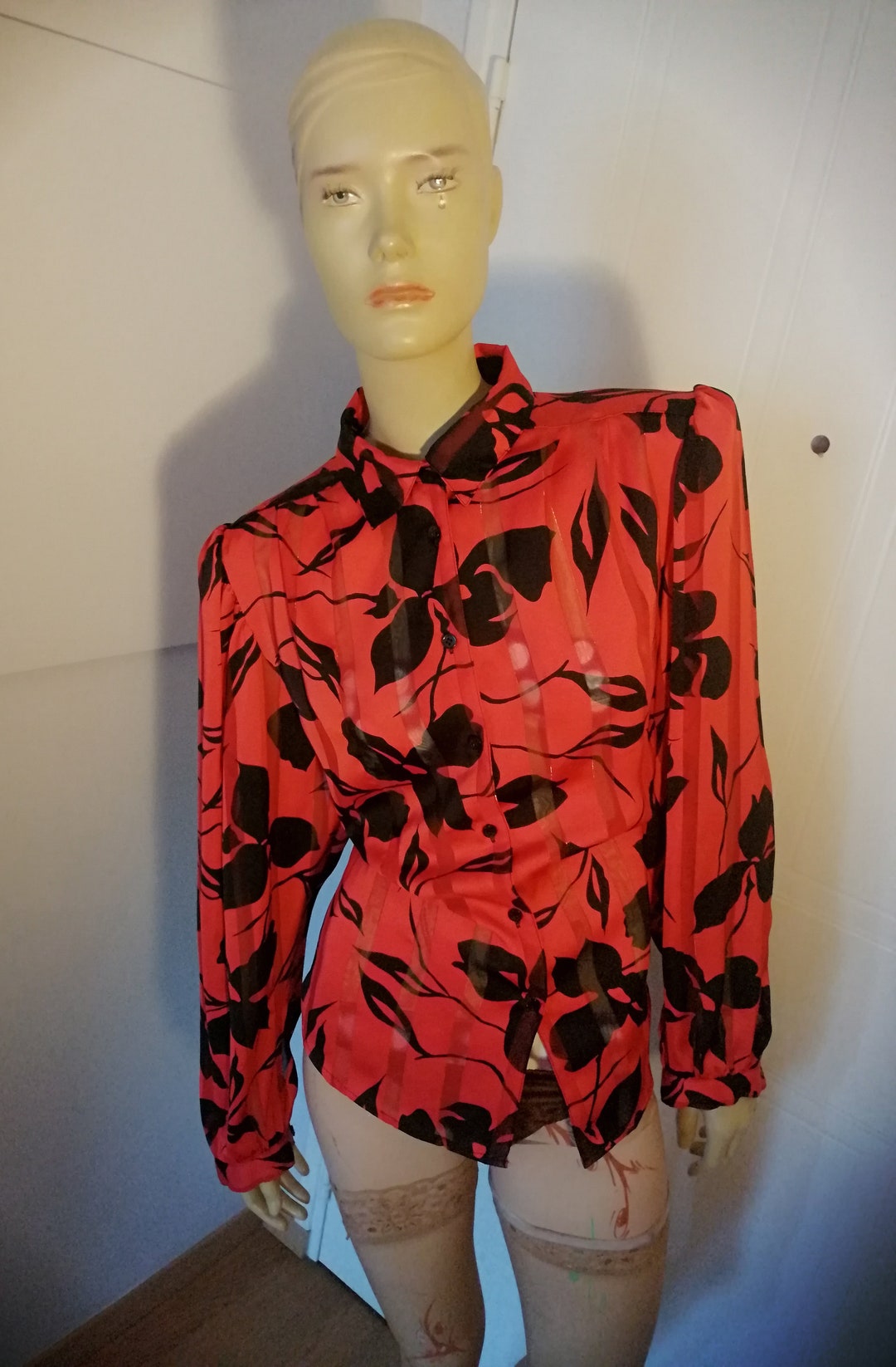 Vintage 1980s French Red/black Sheer Metallic Blouse/shirt Size Medium ...