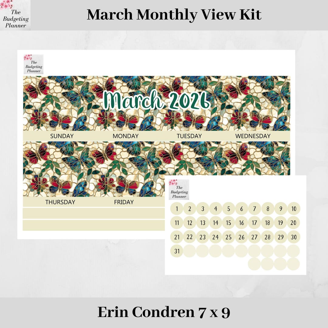 Erin Condren Monthly Kit for March 2026 in Stained Glass Butterflies to ...