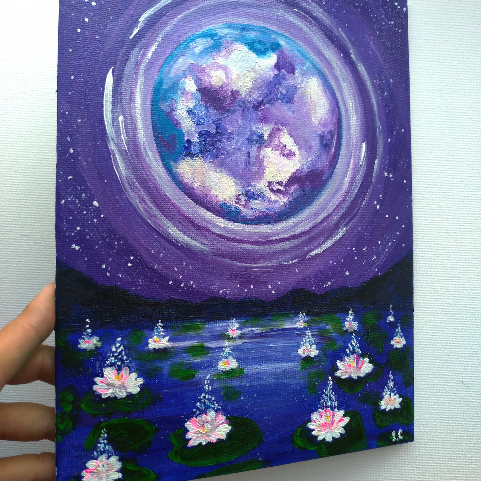 Moon Painting Original Art Lotus Moon Art Lotus Flower Moon | Etsy