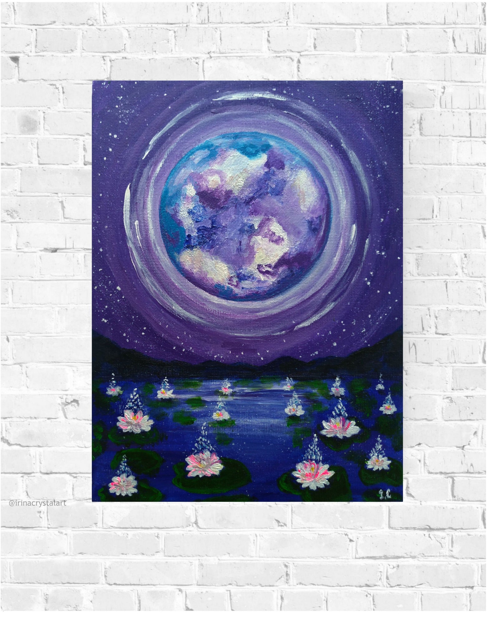 Moon Painting Original Art Lotus Moon Art Lotus Flower Moon | Etsy