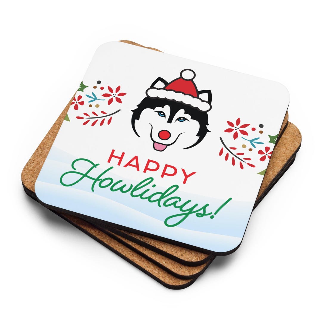 Husky Christmas Coaster, Cork Back, Black and White, Blue Eyes Siberian ...