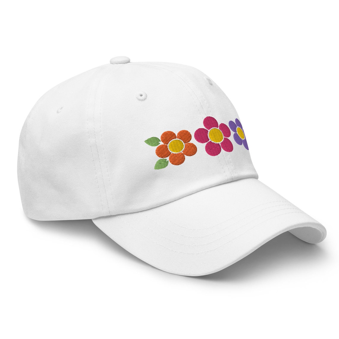 Daisy Flower Hat. Vintage Flower Power Design, Puff Embroidered, Cotton ...
