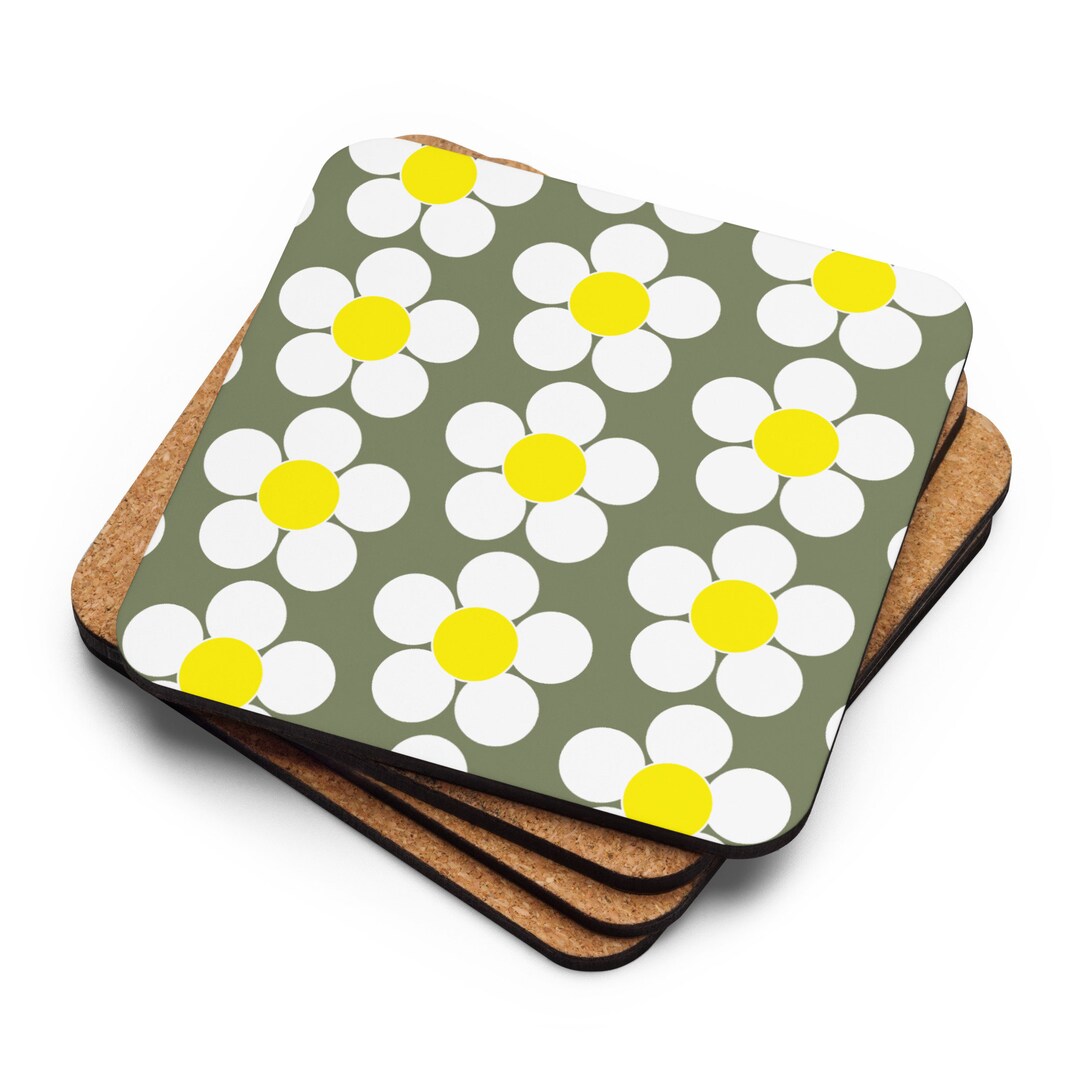 Daisy Coaster White Daisies and Yellow Centers, Dark Sage Background ...