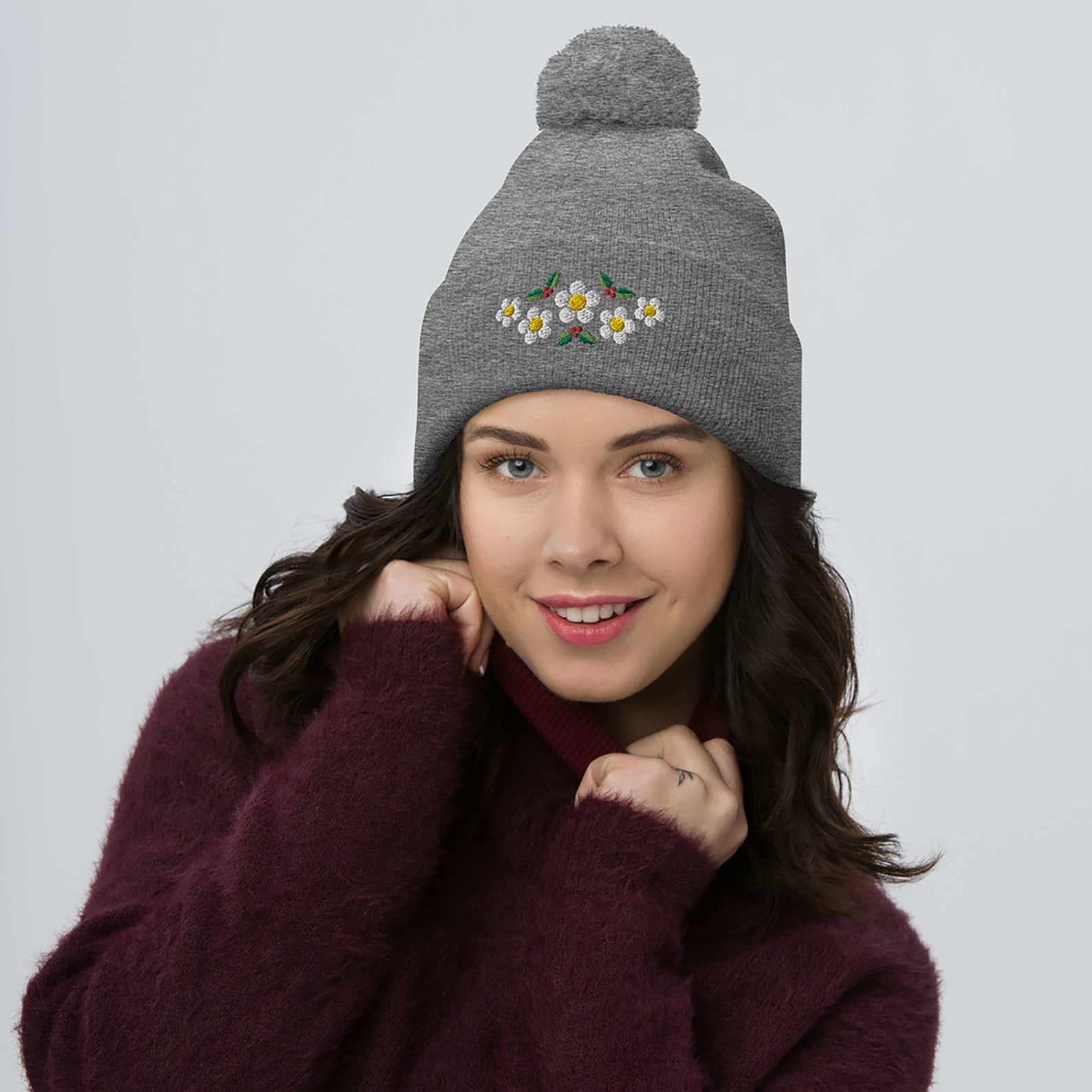 Embroidered Christmas Daisy Pom-pom Beanie: Holly Berry Knit Hat - Etsy ...