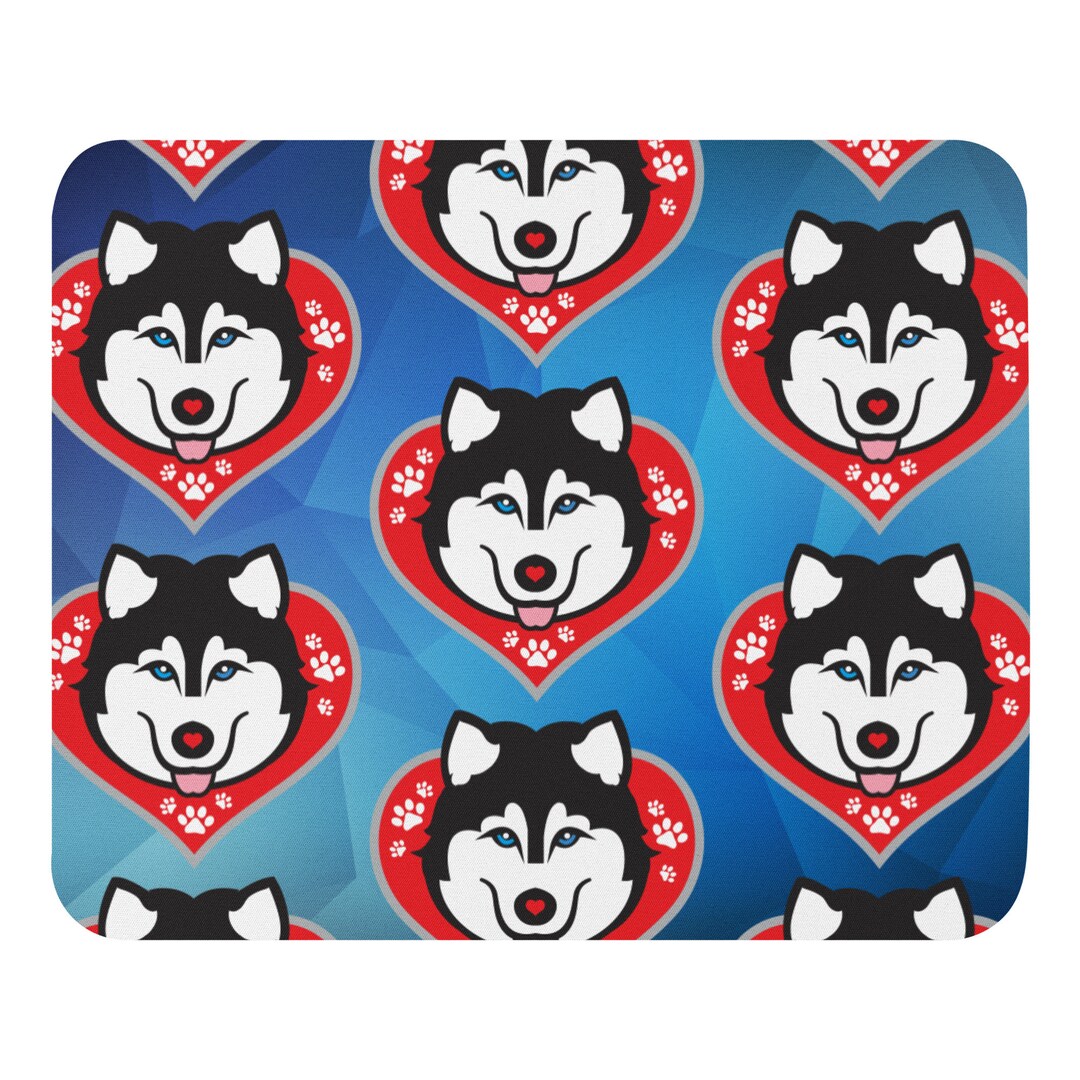 Husky Mouse Pad Black and White, Blue Eyes, Red Heart, Paw Print ...