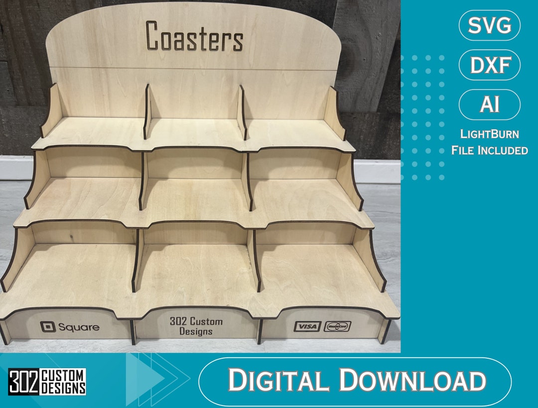 9 Pocket Retail Coaster Counter Display Stand, 4x4 Inch Pockets - Laser CUT, SVG, Glowforge ...