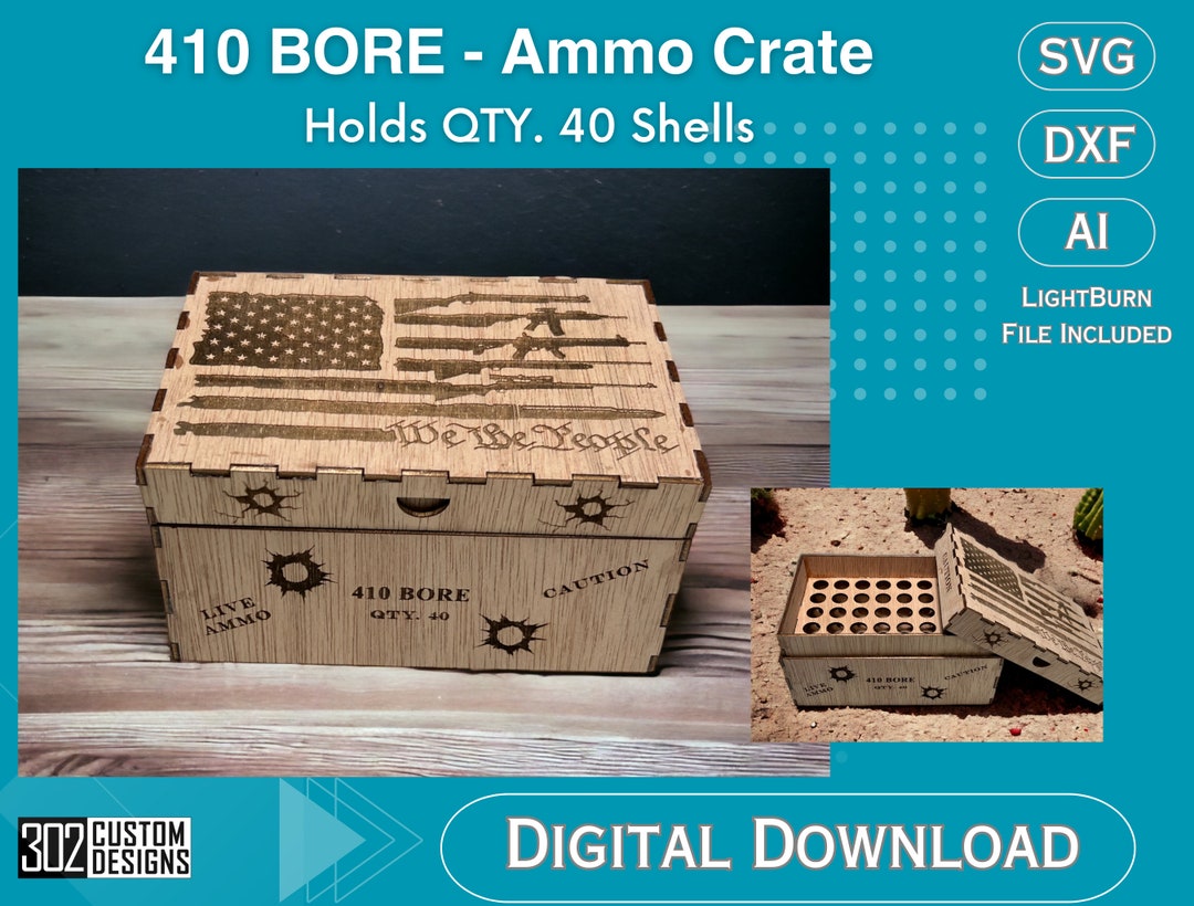 Ammo Crate Box - 410 Bore Shotgun Shells - Bullet Holder Box - Laser ...