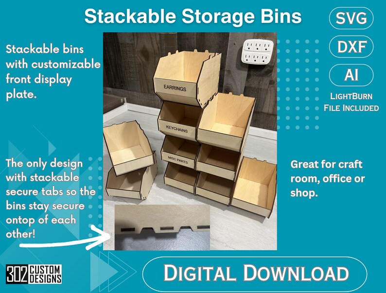 Stackable Storage Bin SVG | Laser Cut Desk Organizer Box With Label ...