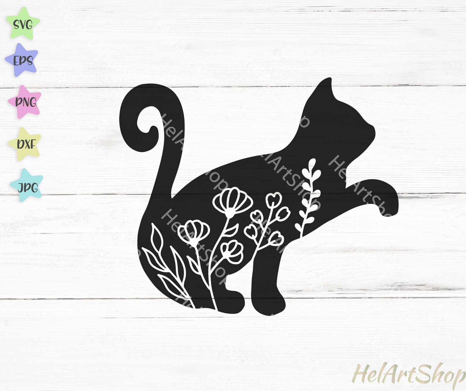Cat Silhouette Svg Floral Cat Svg Cat With Flower Cricut Etsy