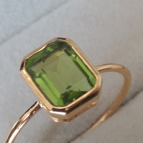 Natural Emerald Cut Peridot Ring 14K Rose Gold for Engagement - Etsy