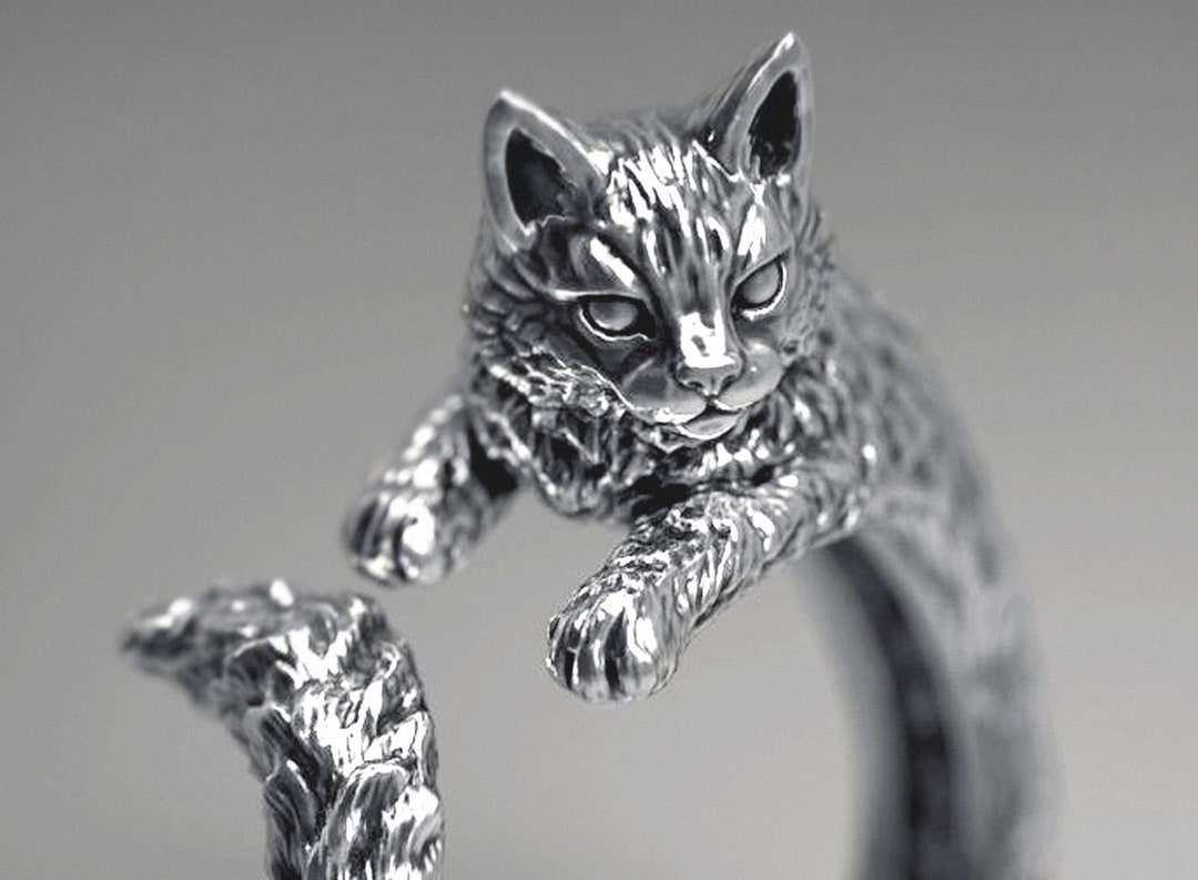 925 Sterling Silver Cat Ring, Oxidized Adjustable Ring, Animal Lover ...