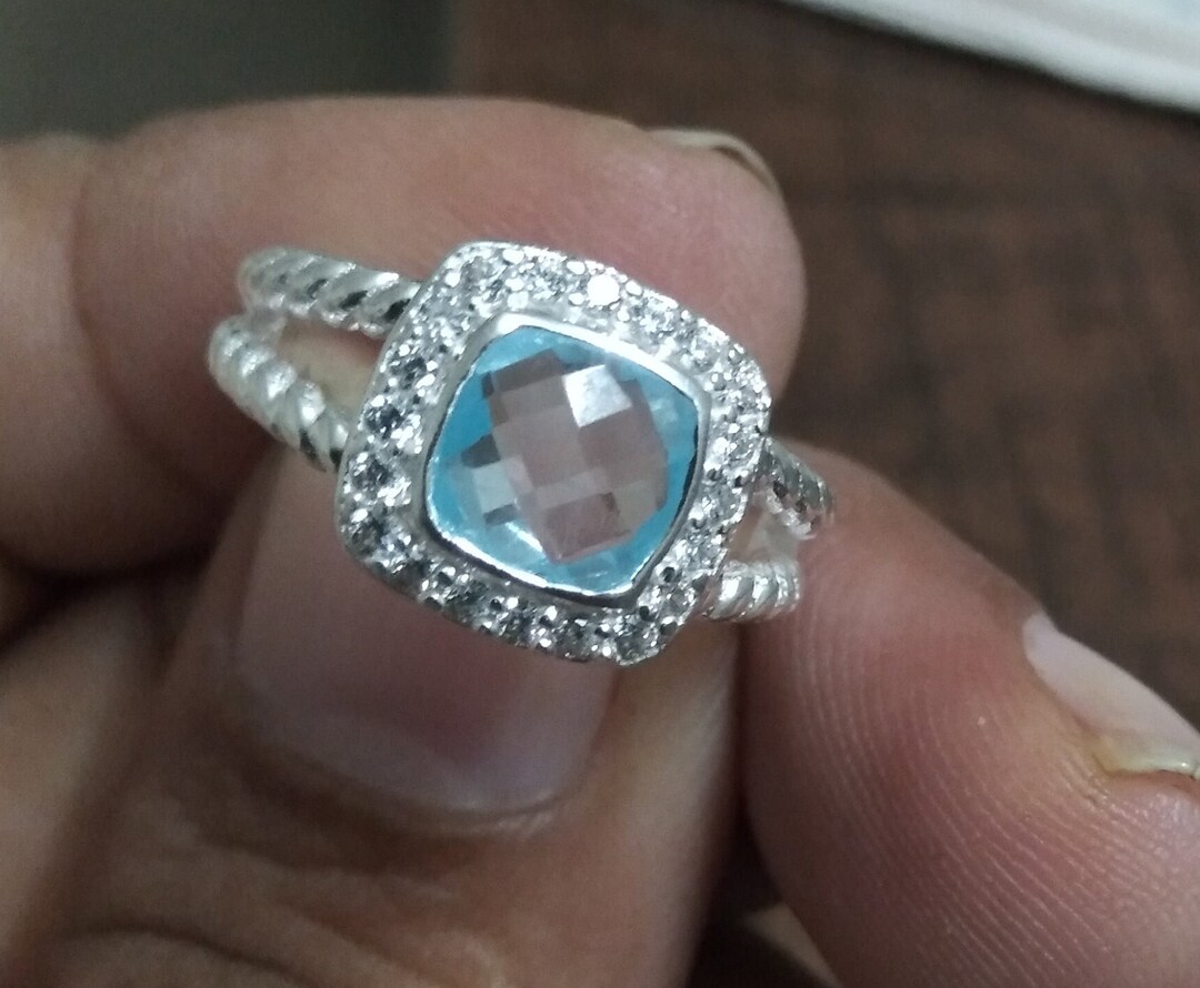 925 Sterling Silver Petite Albion Ring With Natural 7x7mm Blue Topaz ...