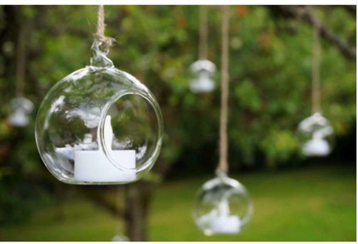 Clear Hanging Glass Bauble Ball Tealight Candle Holder Wedding Garden ...