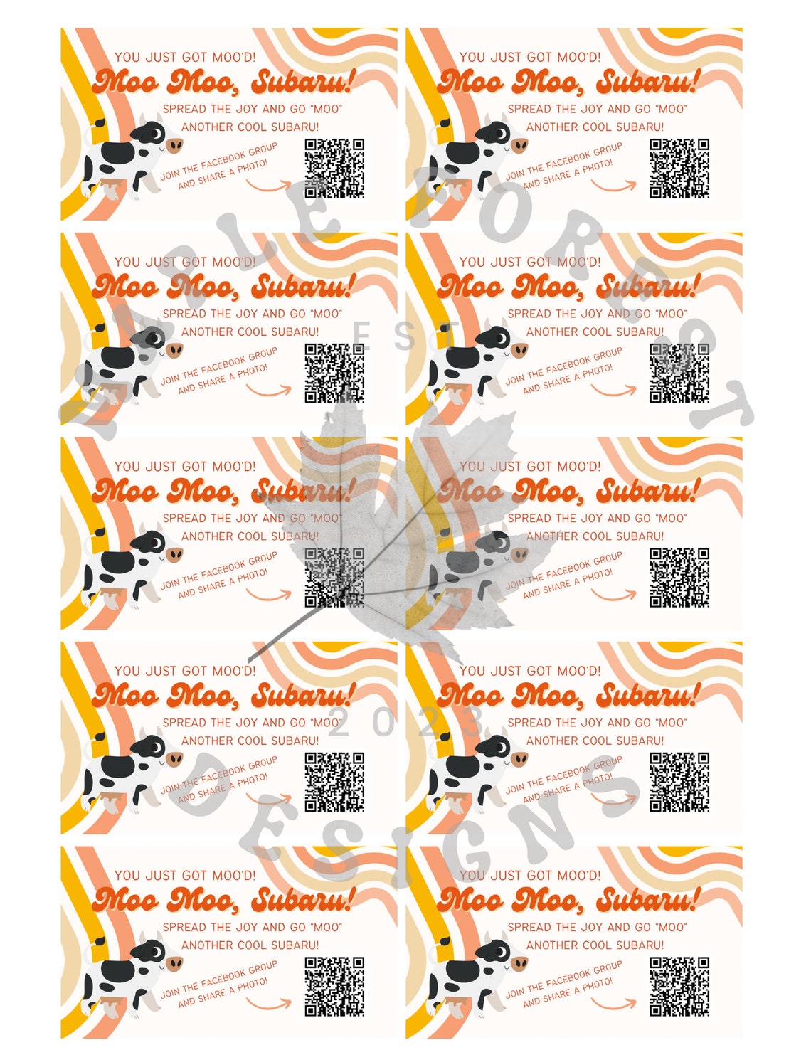 10 Groovy Moo Moo Subaru Cards one-sided DIGITAL DOWNLOAD - Etsy