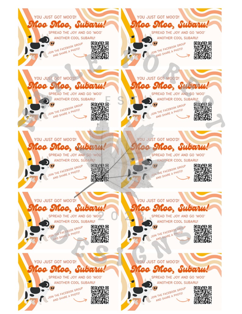 10 Groovy Moo Moo Subaru Cards one-sided DIGITAL DOWNLOAD - Etsy