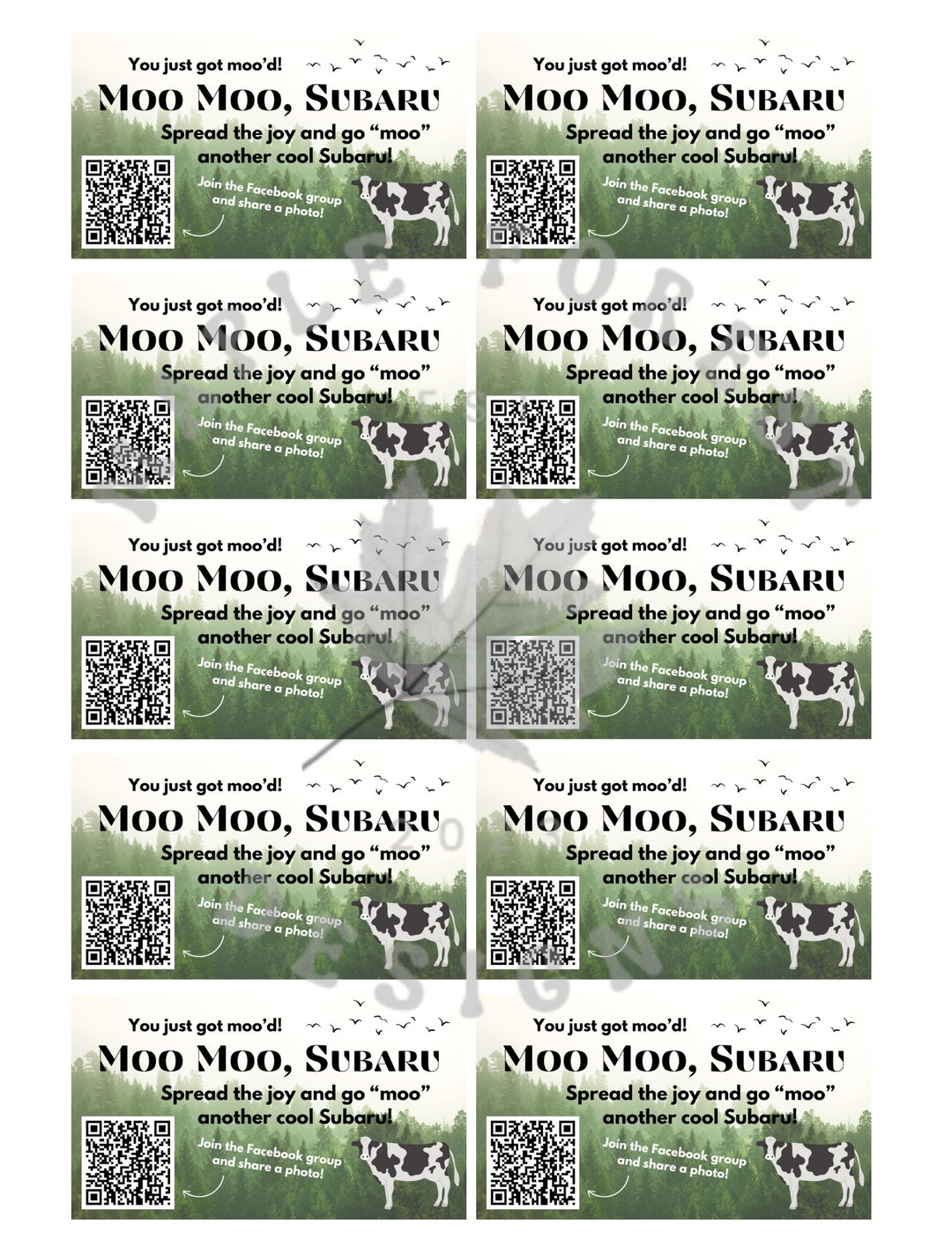 10 Outdoorsy Moo Moo Subaru Cards one-sided DIGITAL DOWNLOAD - Etsy