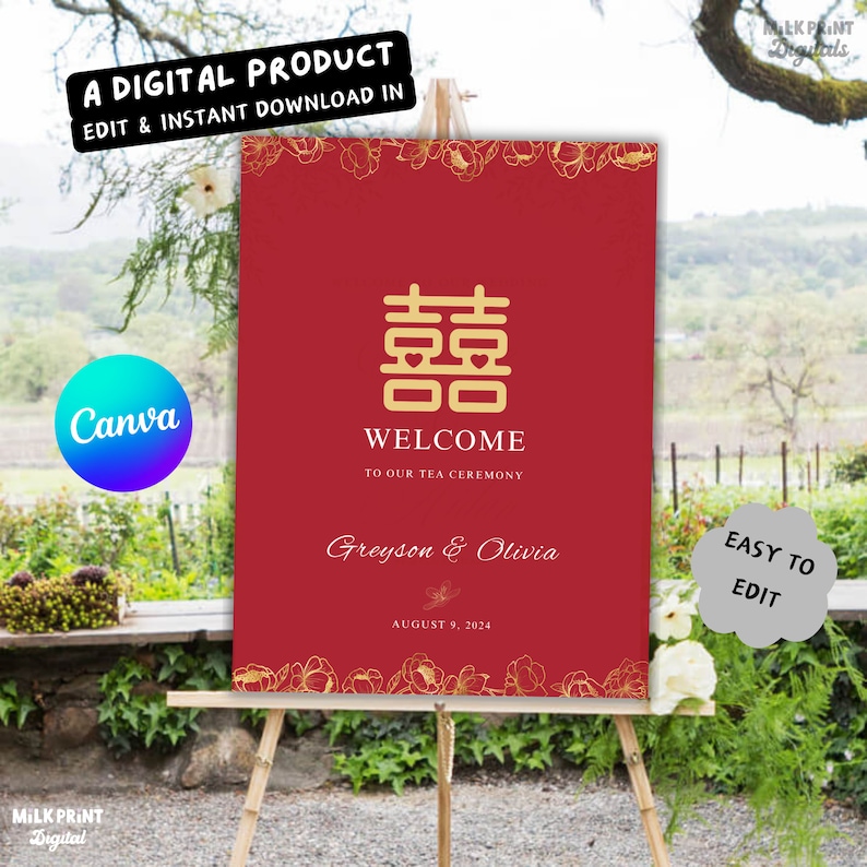 Asian Wedding Welcome Sign, Chinese Vietnamese Tea Ceremony Sign, DIY ...