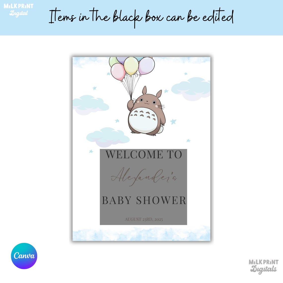 Editable Totoro Baby Shower Welcome Sign Blue Clouds Balloons Studio ...